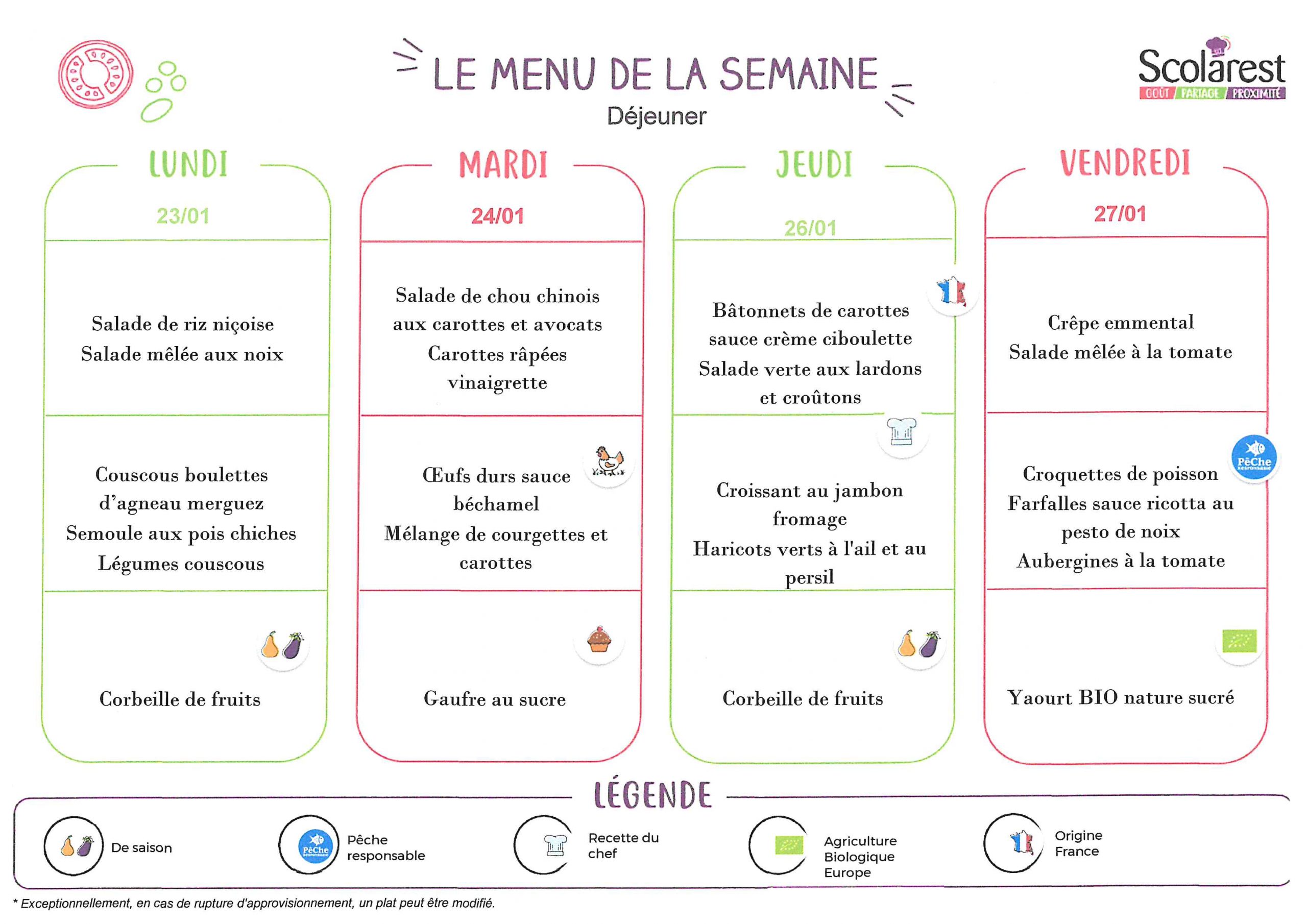 Menu de la semaine du 23 au 27 janvier 2023 - Institution Sancta Maria